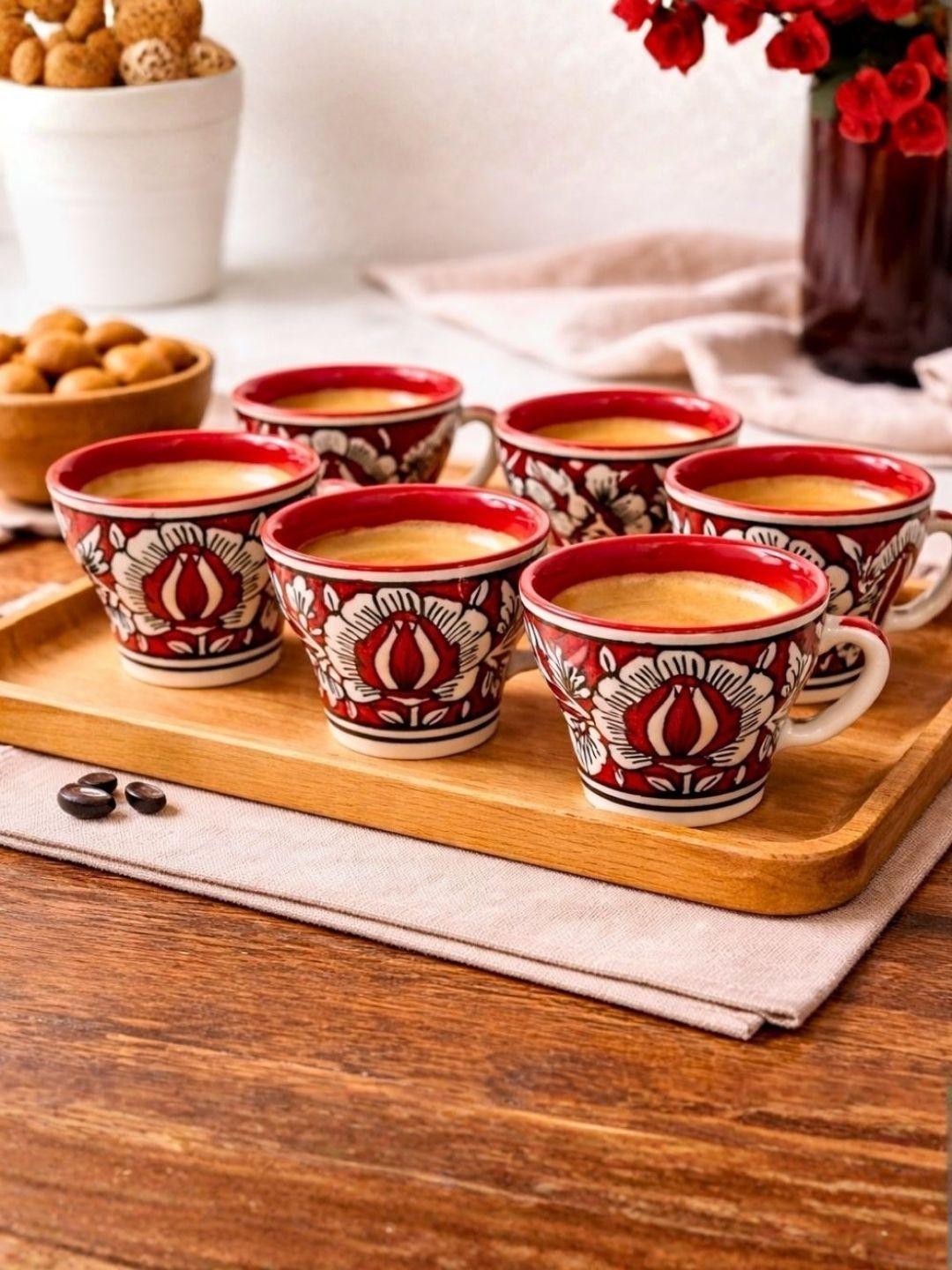 Buy Unravel India Red Hand Painted Solid Ceramic Glossy Mugs Set Of ...