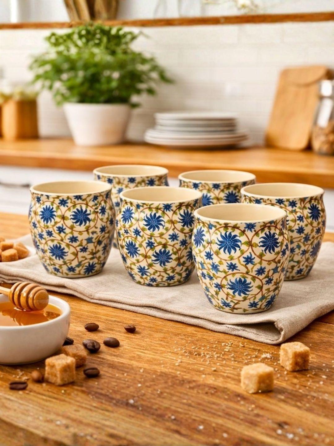 Buy Unravel India Multicoloured Printed Solid Ceramic Matte Mugs Set Of ...