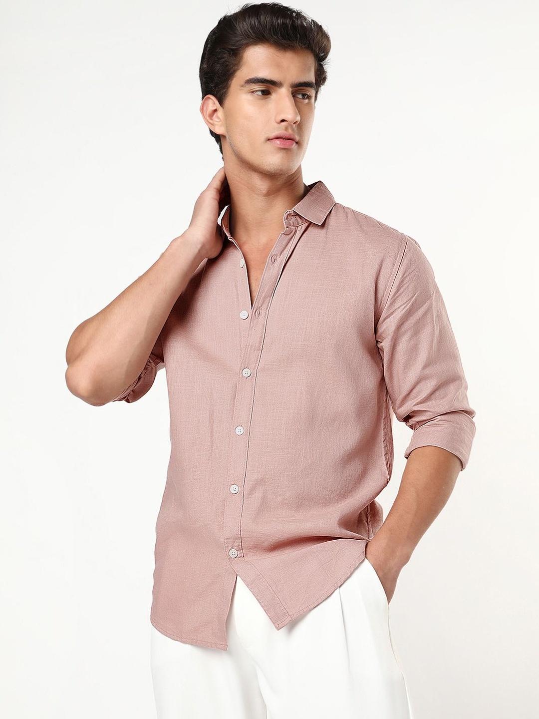 Buy Urbano Fashion Men Dusty Pink Linen Blend Full Sleeve Relaxed Fit ...