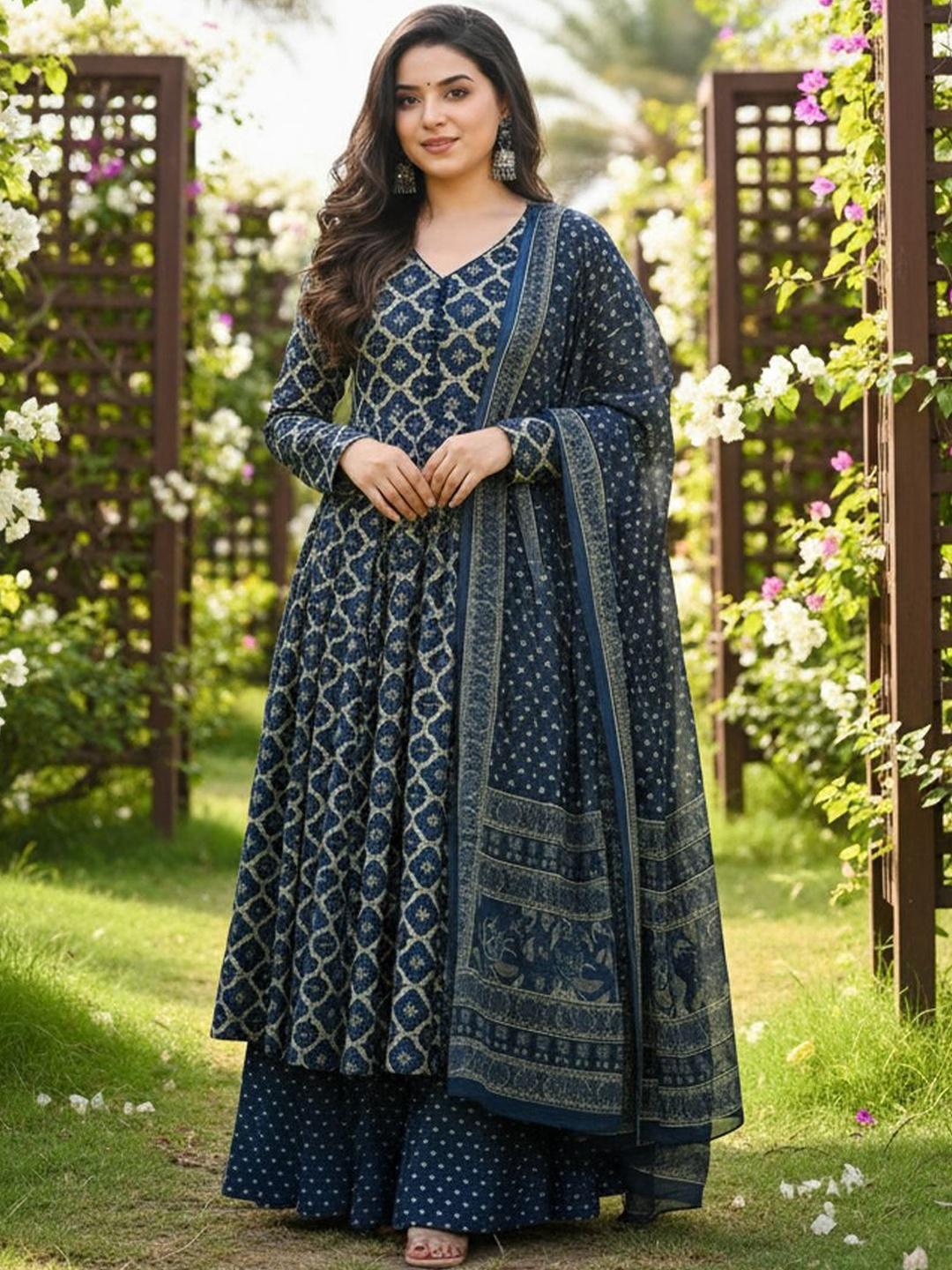 Buy PITRIS Women Printed Panelled Kurta With Palazzos & With Dupatta ...