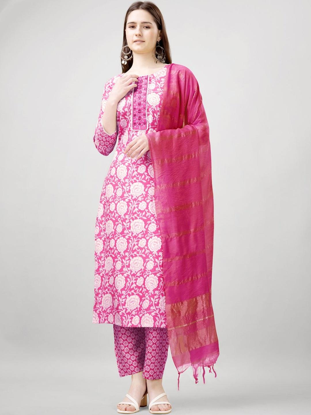 Buy PITRIS Women Floral Printed Regular Thread Work Kurta With Trousers ...