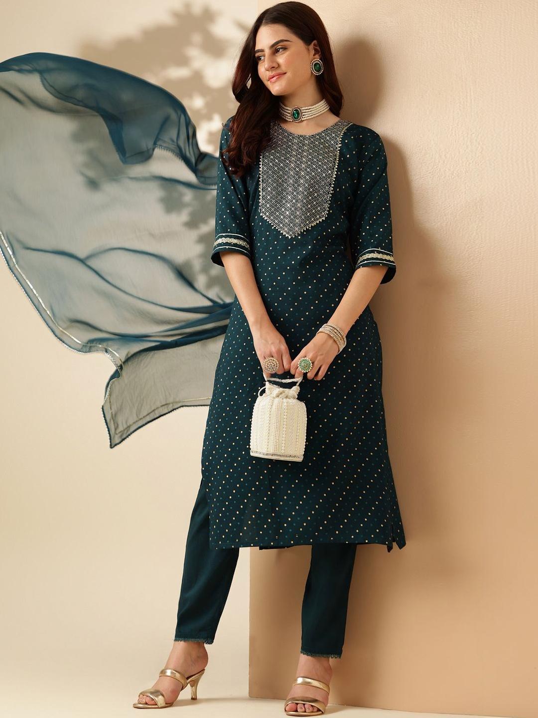 Buy PITRIS Women Ethnic Motifs Printed Regular Sequinned Kurta With ...