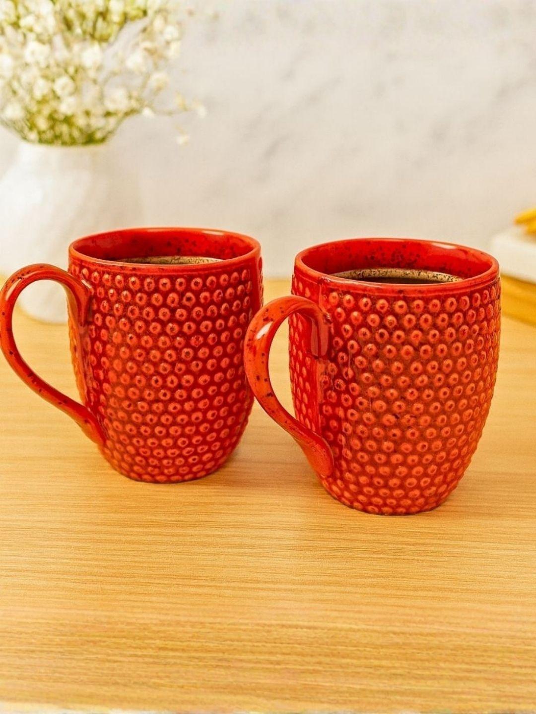 Buy Unravel India Red Crafted Ceramics Solid Ceramic Glossy Mugs Set Of ...