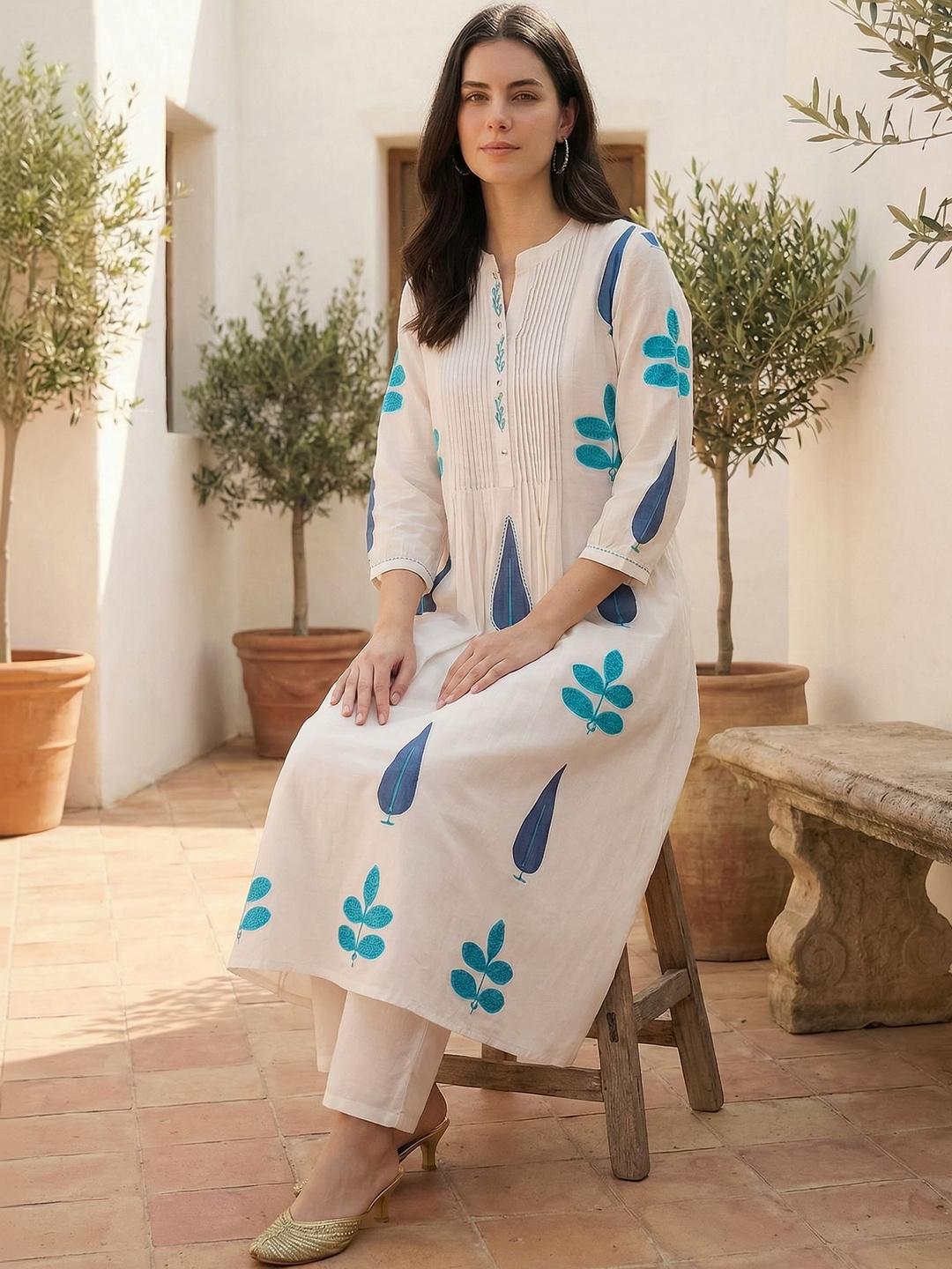 Buy Indo Era Printed Pure Cotton Mandarin Collar A Line Top & Trousers ...