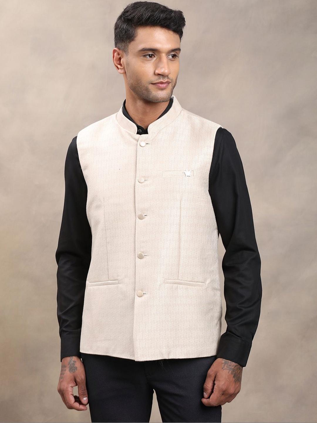 Buy Turtle Woven Design Mandarian Collar Neck Woven Nehru Jacket ...