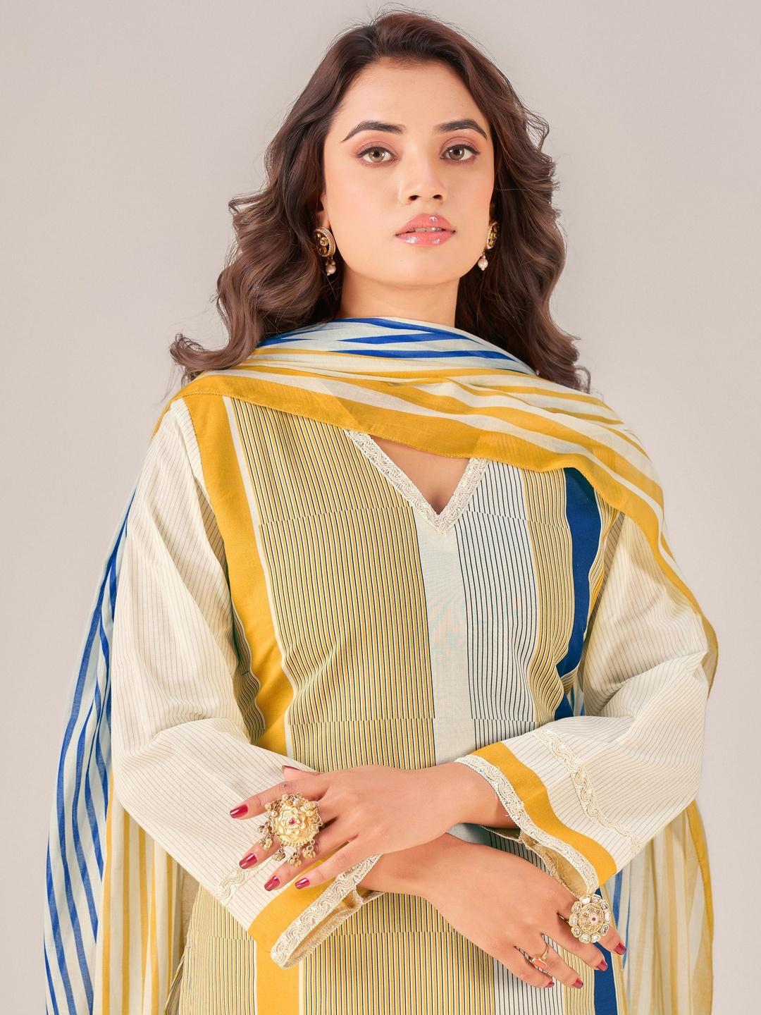 Buy IOLY Women Striped Regular Pure Cotton Kurta With Palazzos & With ...