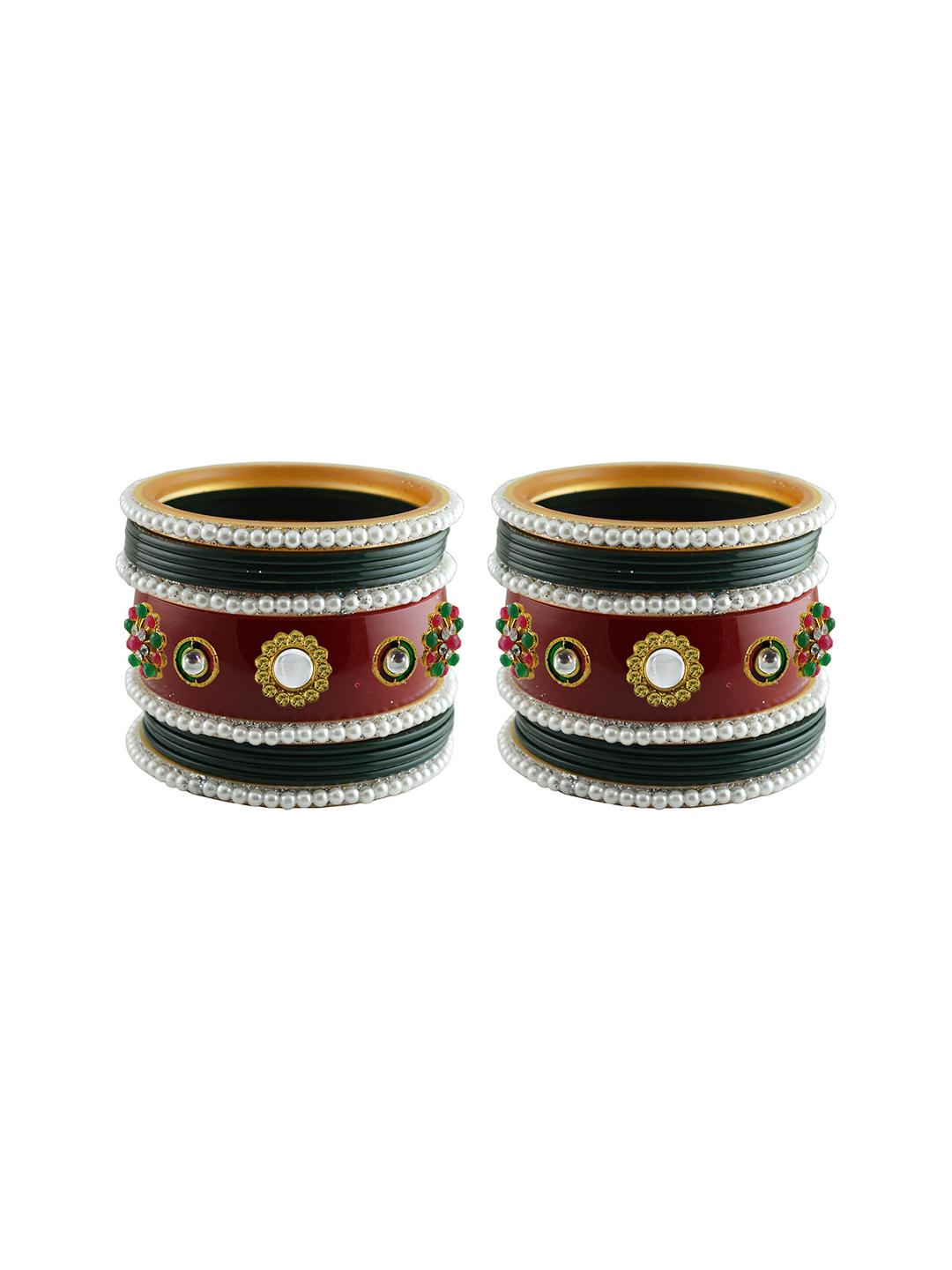 Buy Vidhya Kangan Dark Green Moti Stud Acrylic Extra Large Size Bangle ...
