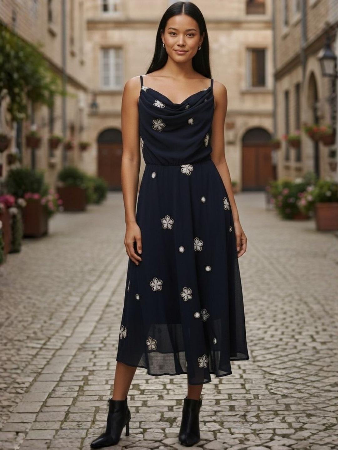 Buy Clobug Floral Embroidered Cowl Neck Fit & Flare Midi Dress ...