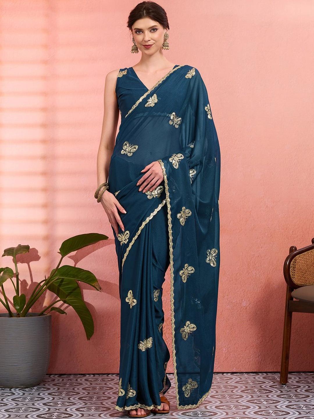 Buy Sangria Ethnic Embellished Festive Wear Saree With Matching Blouse ...