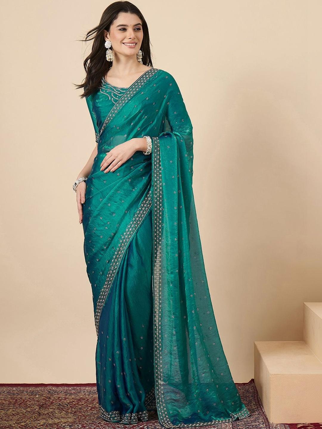 Buy Saree Mall Embellished Beads And Stones Satin Heavy Work Sarees ...