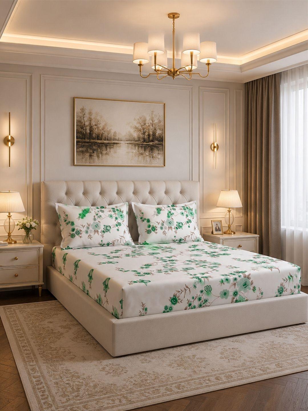Buy Myntra Elegant Homes Cream Coloured & Green Floral 300 TC King ...