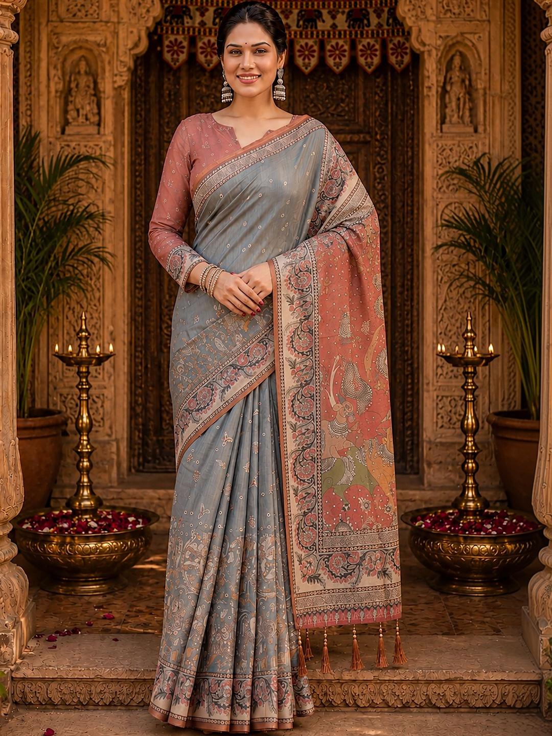 Buy Mitera Linen Blend Designer Block Print Saree - Sarees for Women ...