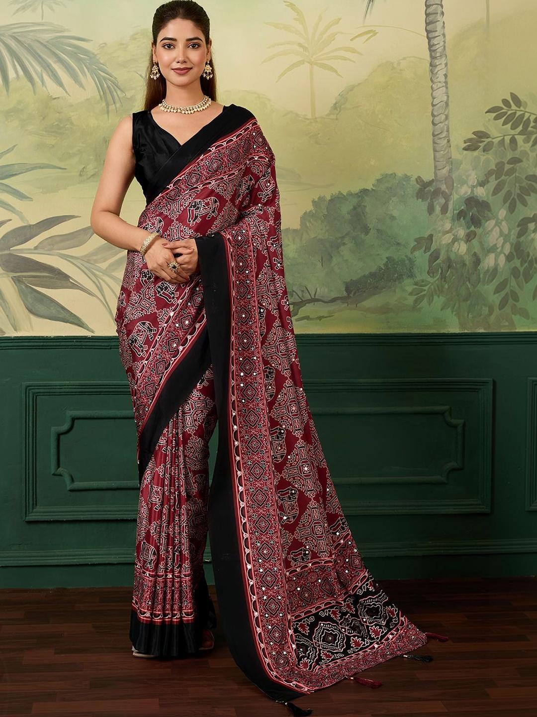 Buy OFLINE SELECTION Ethnic Motifs Mirror Work Pure Chiffon Saree ...