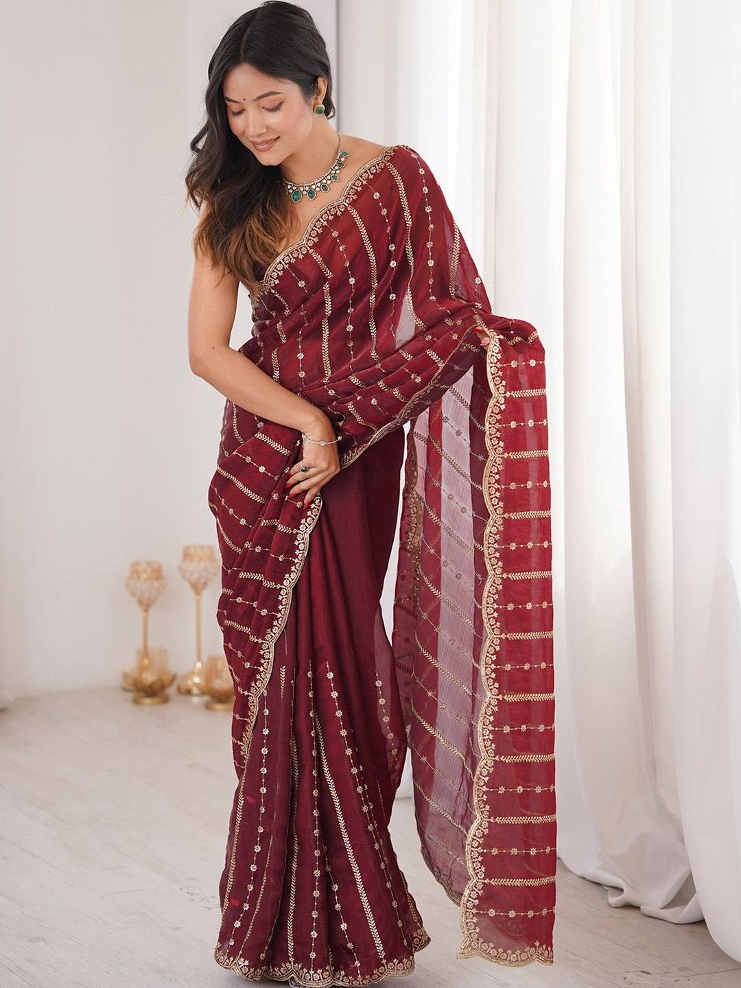 Buy Anouk Striped Embroidered Satin Designer Saree - Sarees for Women ...