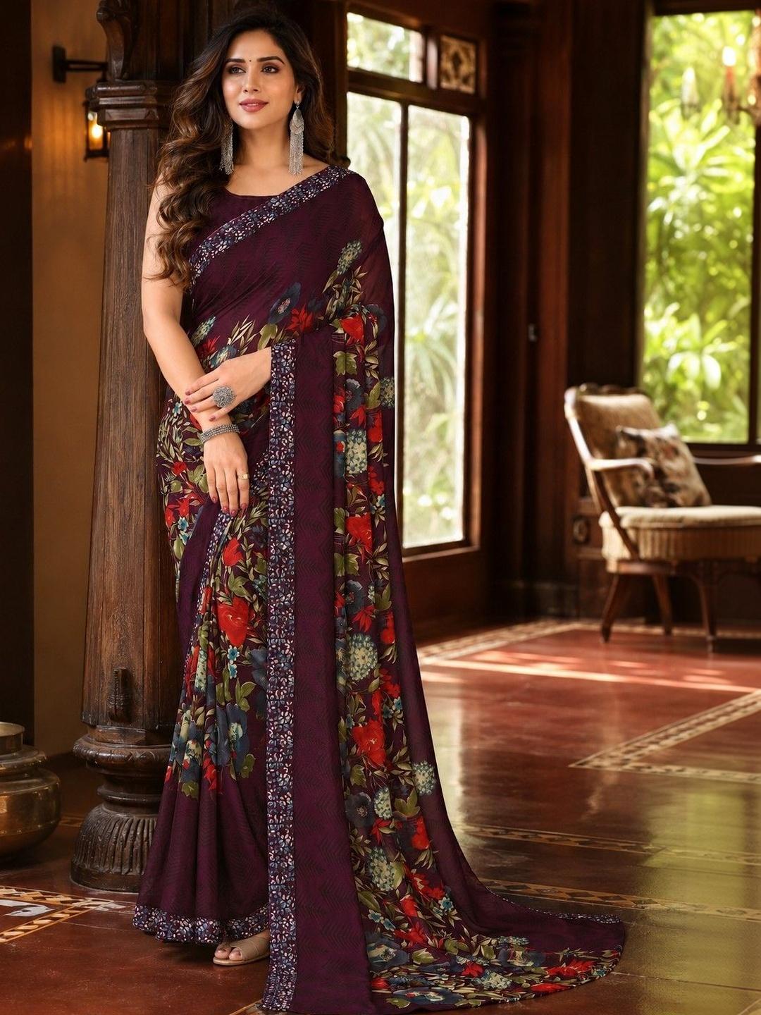 Buy ANIRAV Floral Poly Georgette Saree - Sarees for Women 42941361 | Myntra