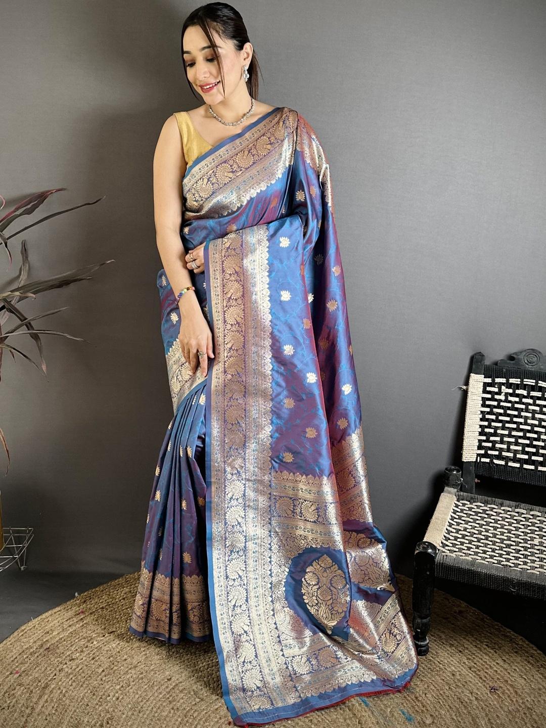 Buy KALINI Blue Soft Banarasi Silk Zari Weaving Saree Matching Blouse ...