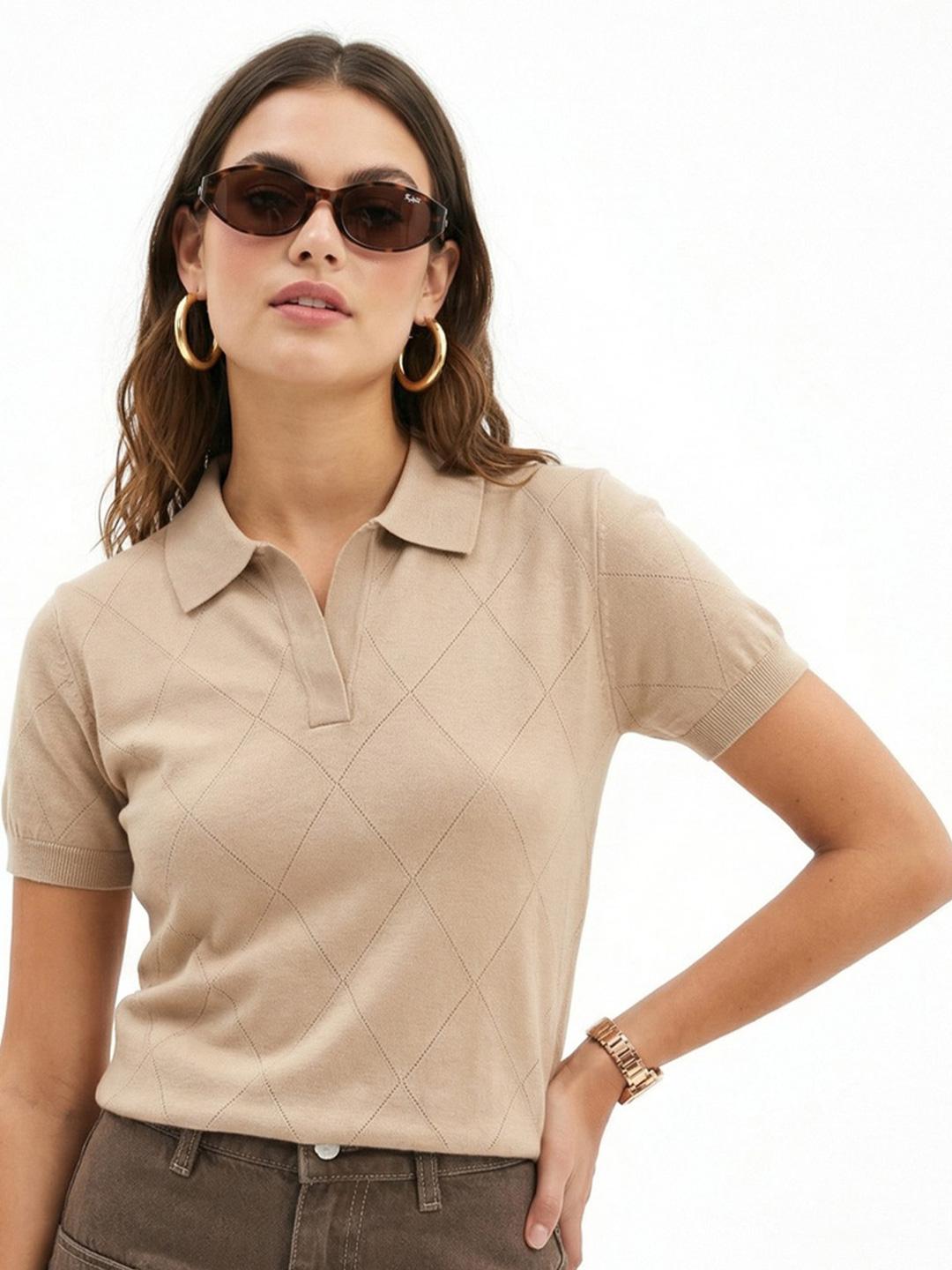 Buy JUNEBERRY Women Beige Self Design Pure Cotton Polo Collar T Shirt ...