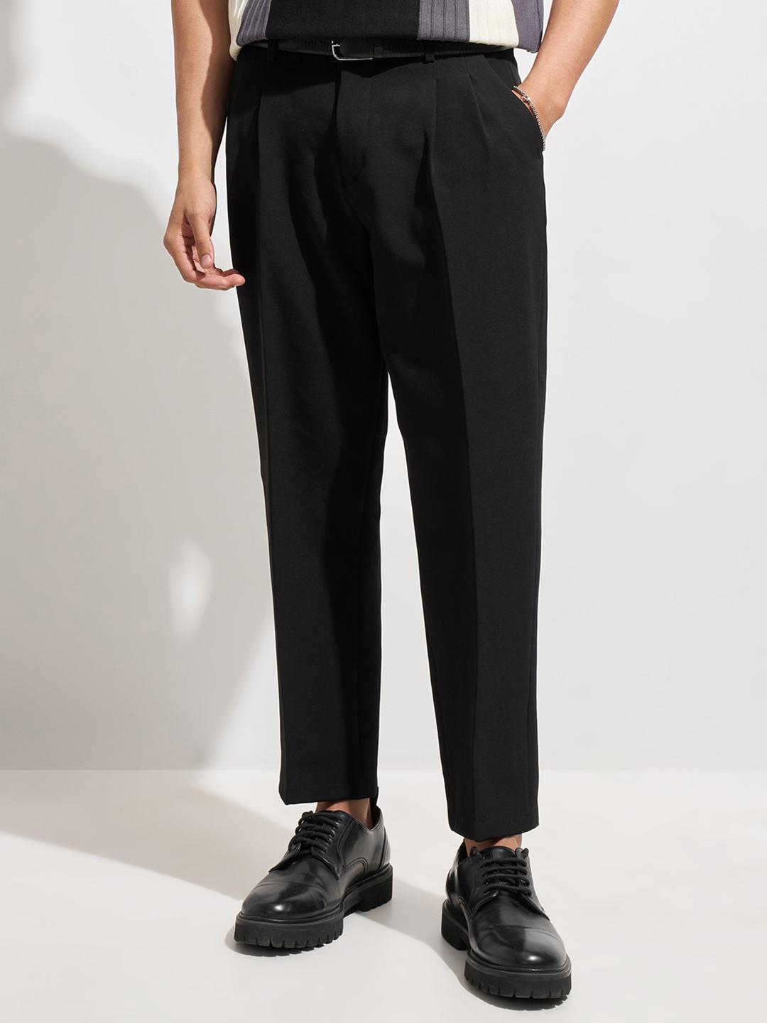 Buy HIGHLANDER Men Black Solid Tapered Fit Korean Trousers - Trousers ...
