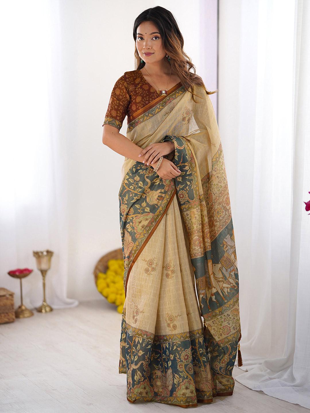 Buy Satrani Floral Printed Pure Linen Saree - Sarees for Women 33854877 ...