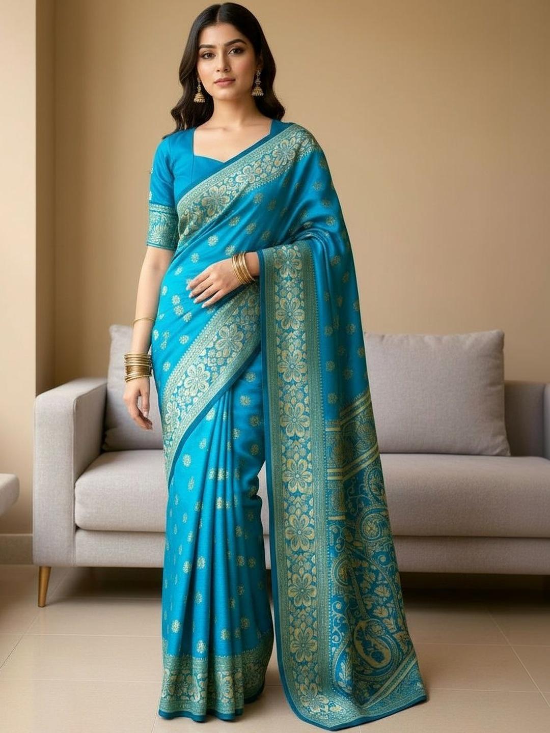 Buy SZN Woven Design Zari Silk Blend Banarasi Saree - Sarees for Women ...