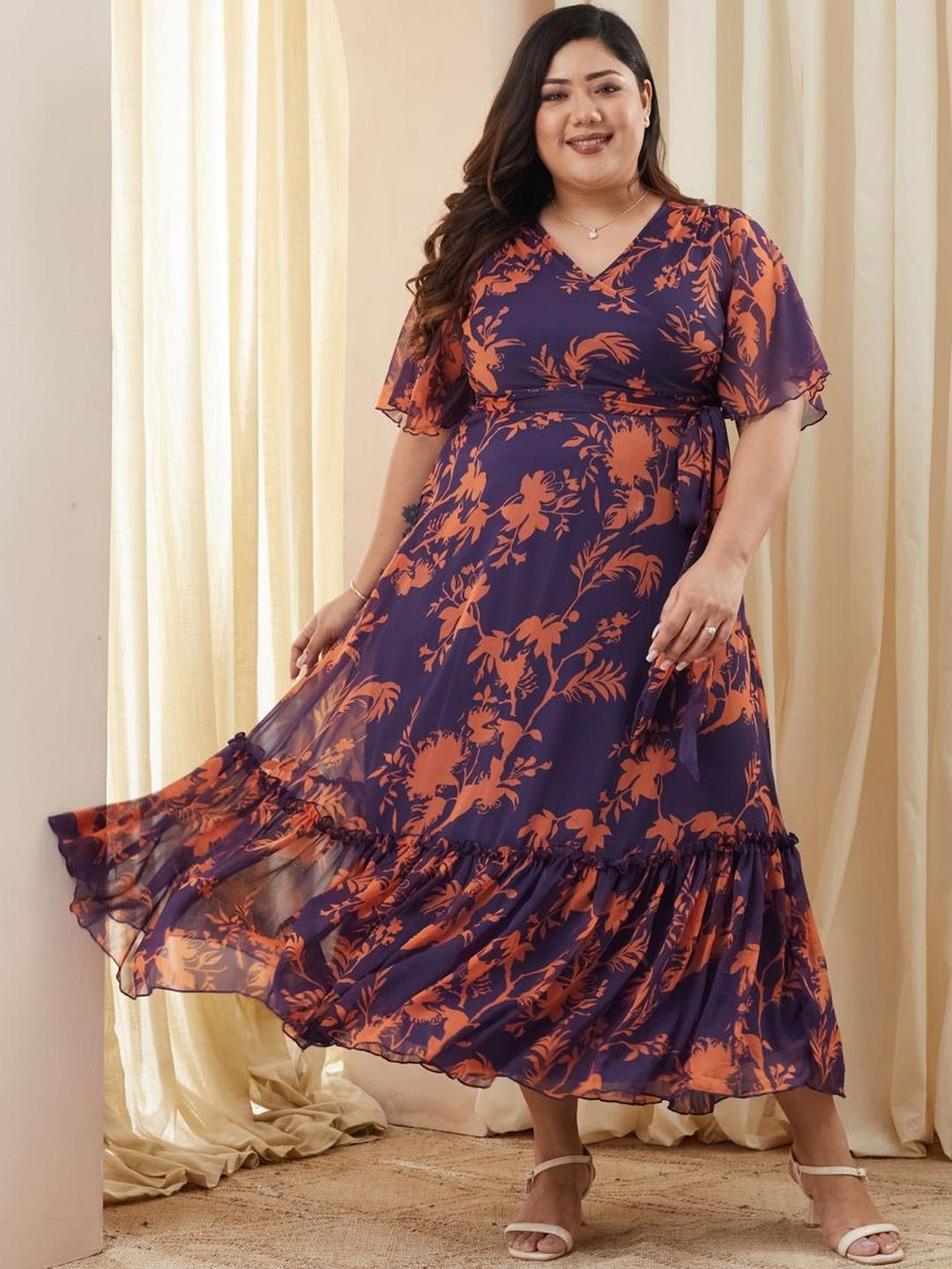 Buy Miss Chase A+ Plus Size Women's Floral Wrap Chiffon Maxi Dress With ...