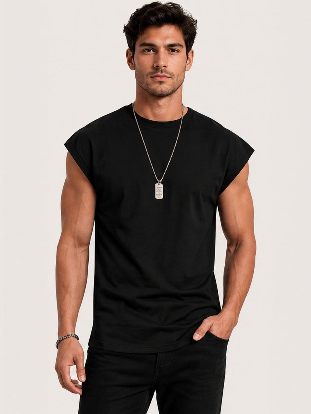 Buy StyleCast Men Mandarin Collar Extended Sleeves Raw Edge T Shirt ...