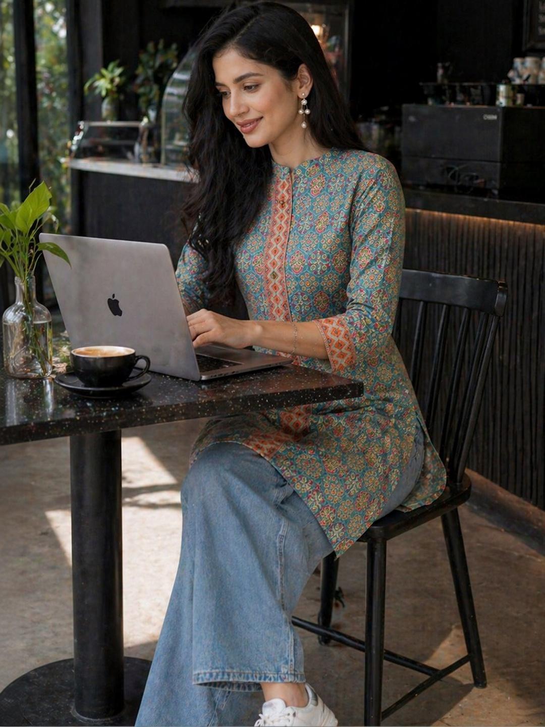 Buy Anouk Women Blue Printed Straight Polyester Knee Length Kurta With ...