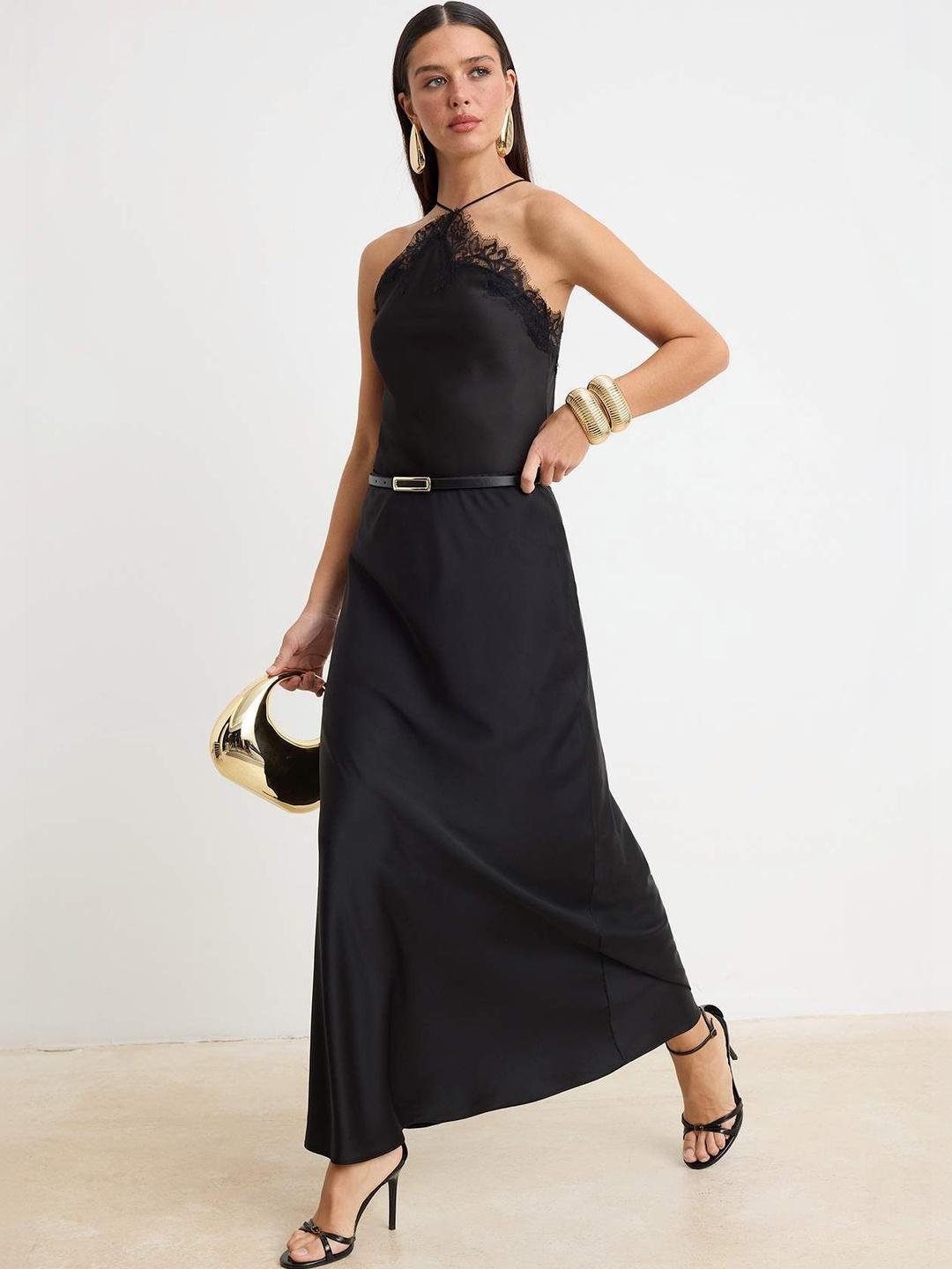 Buy Trendyol Satin Lace Frills Bows And Ruffles Maxi Straight Skirt ...