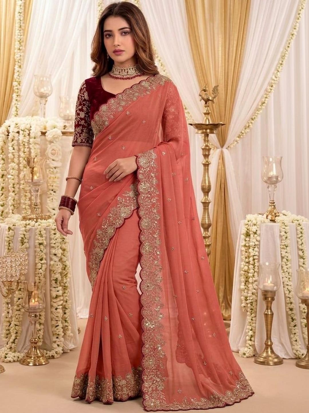 Buy KOMAL NX Floral Embroidered Pure Georgette Heavy Work Saree ...