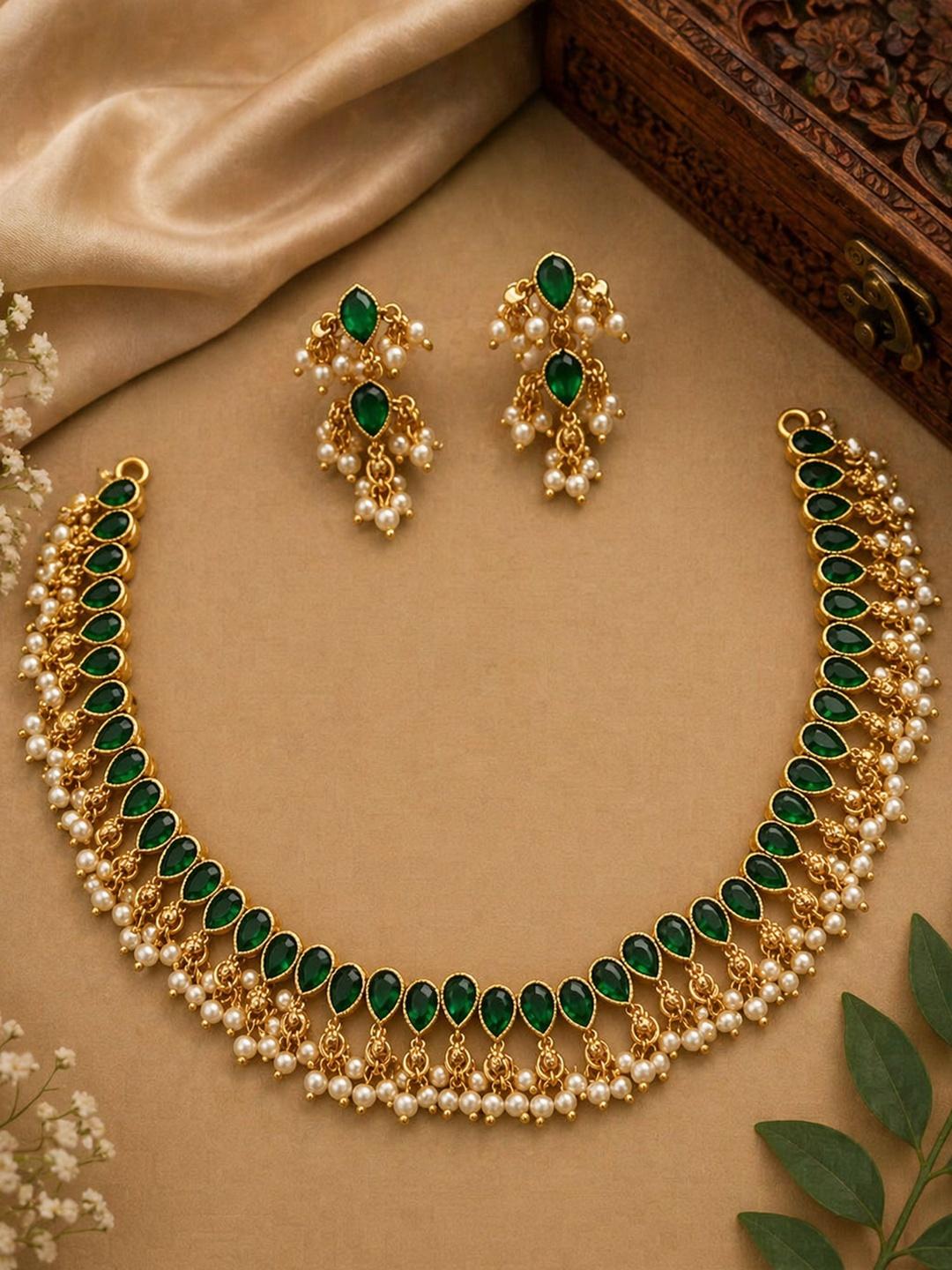 Buy Bagdo Gold Plated Stone Studded & Beaded Necklace And Earrings ...