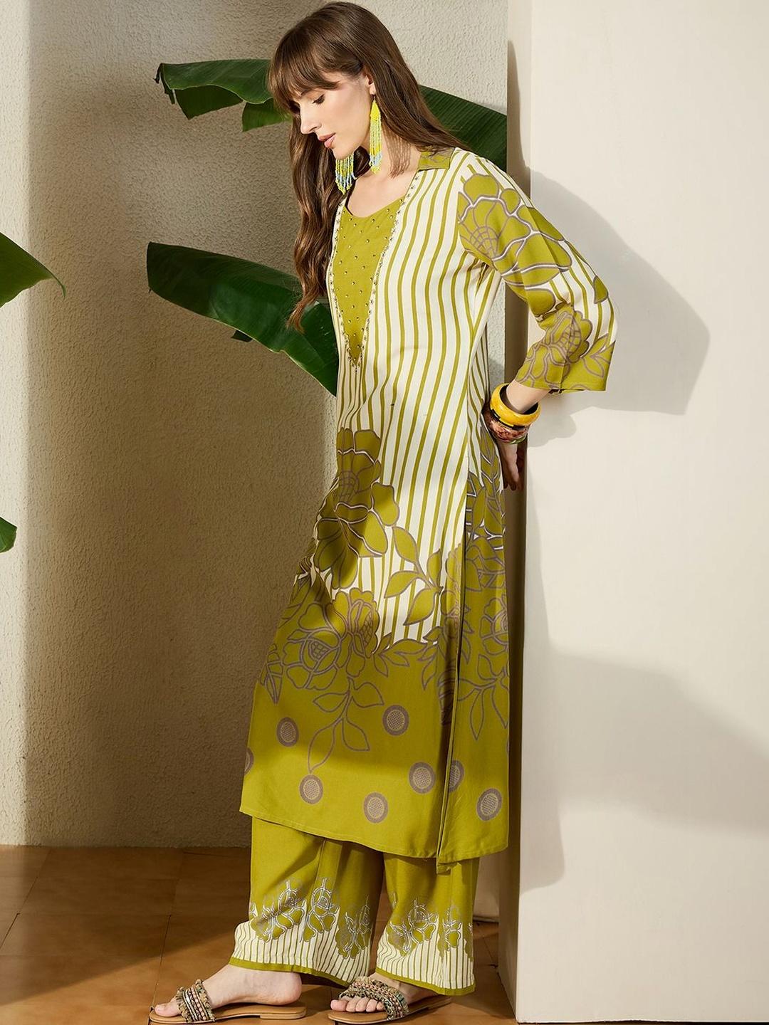 Buy Indo Era Women Floral Printed Regular Beads And Stones Kurta With ...