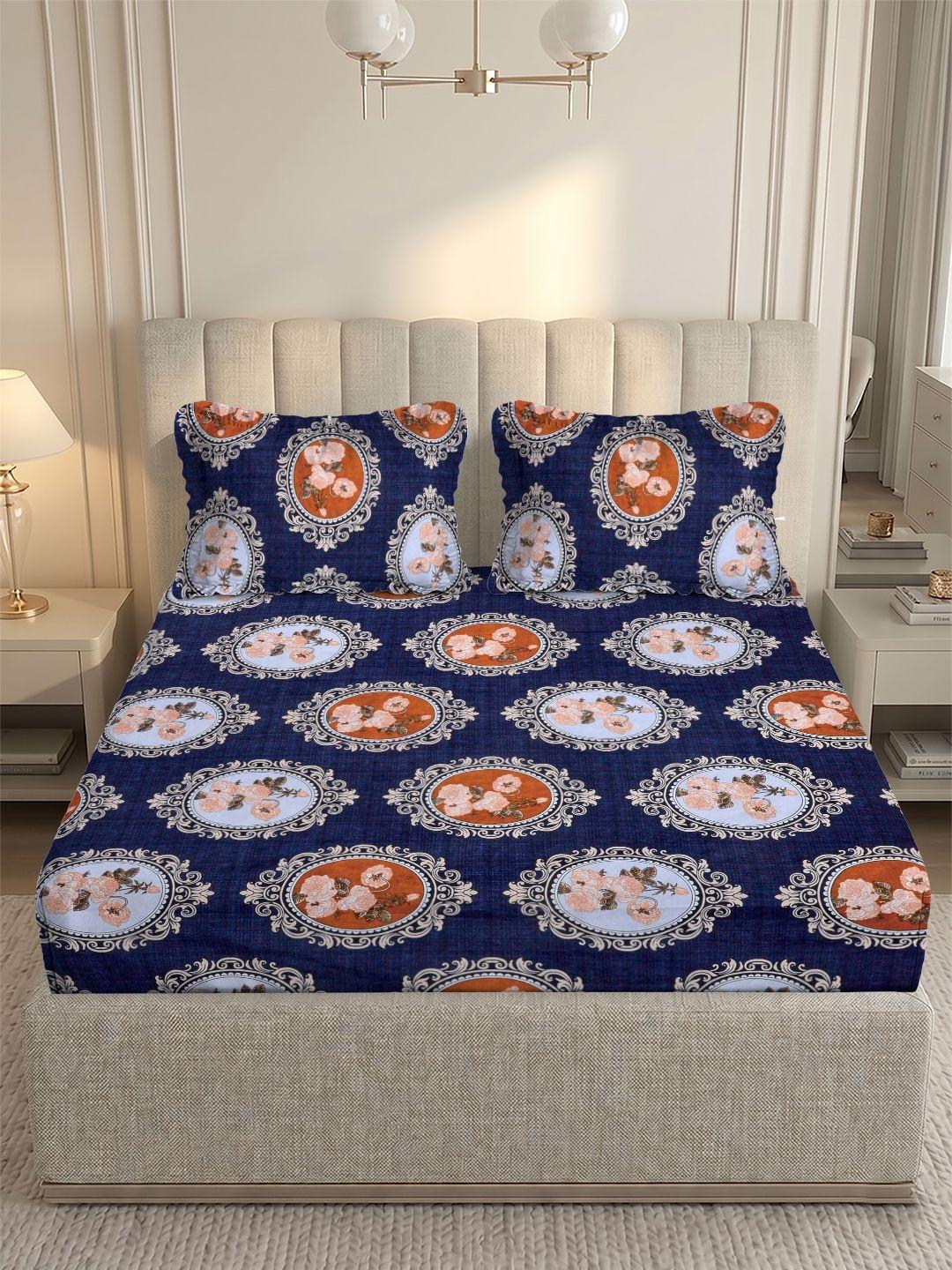Buy Myntra Elegant Homes Blue & Orange Floral 350 TC King Bedsheet With ...