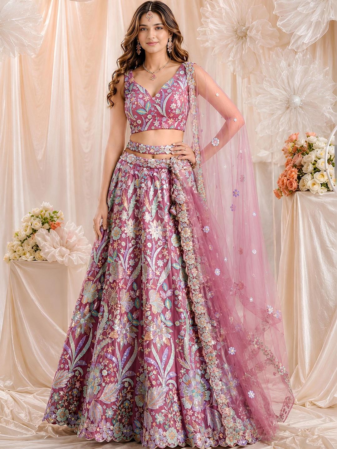 Buy Zeel Clothing Embroidered Sequinned Semi Stitched Lehenga ...