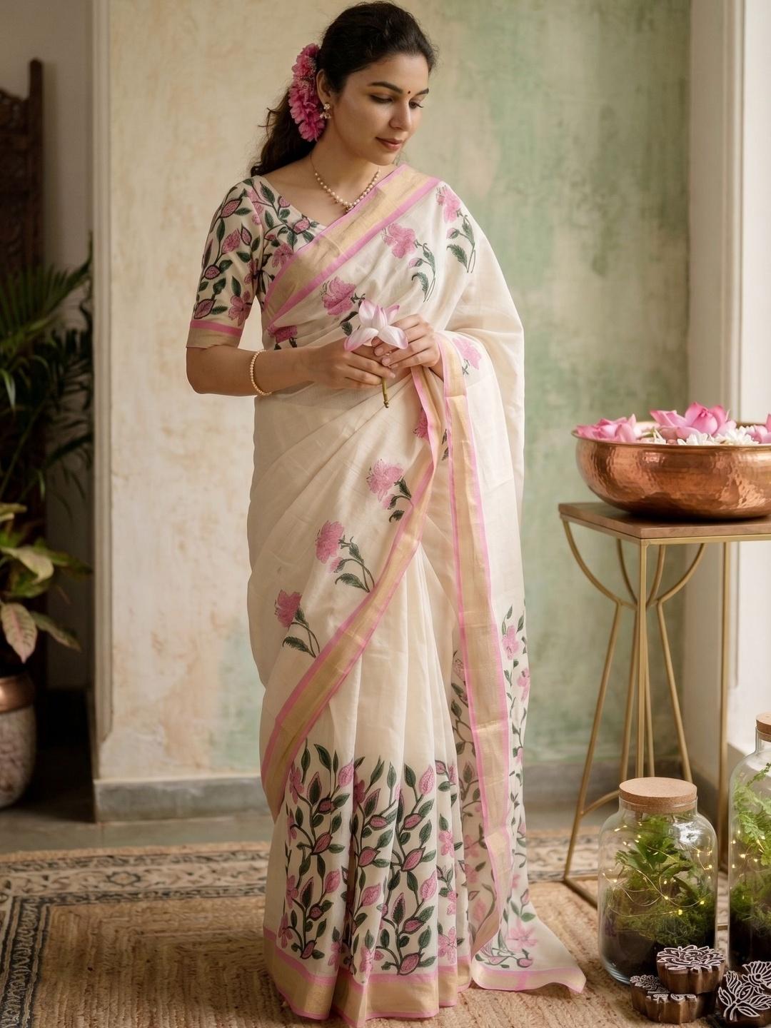 Buy Zankhi Hosiery Floral Zari Pure Linen Handloom Saree - Sarees for ...