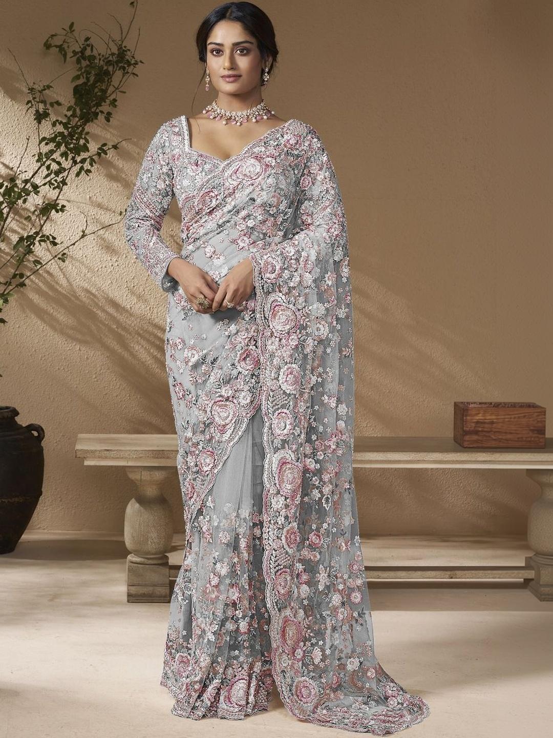 Buy Suha Floral Embroidered Net Heavy Work Saree - Sarees for Women ...