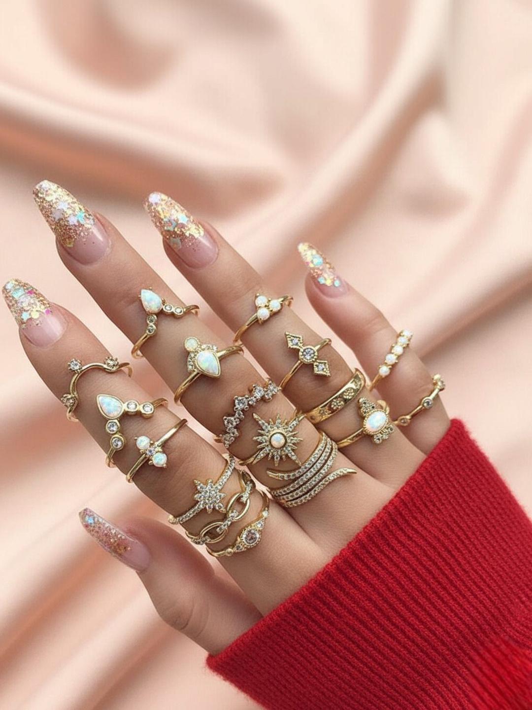 Buy TheVineGirl Women Set Of 17 Gold Plated Cubic Zirconia Finger Ring ...