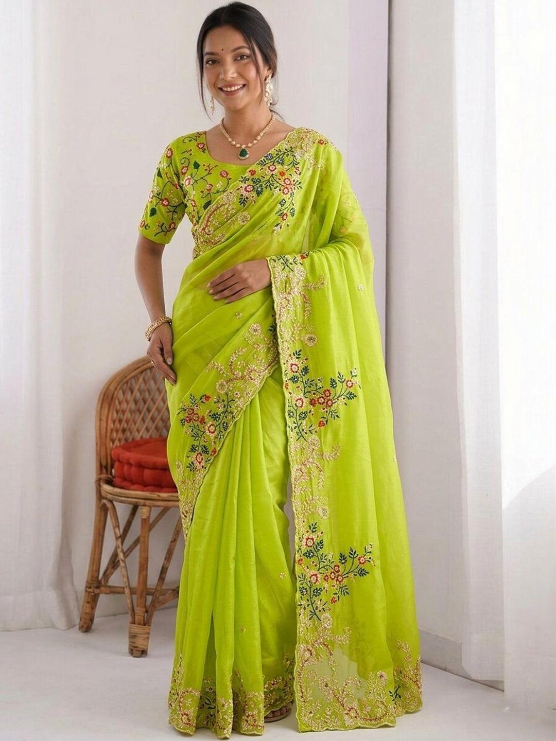 Buy Mitera Floral Embroidered Heavy Work Saree - Sarees for Women ...