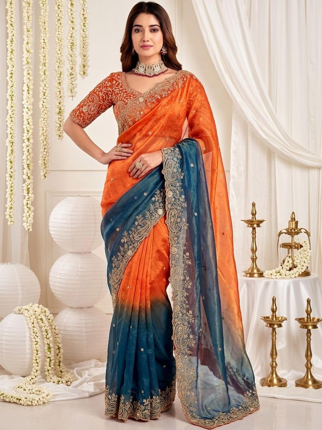 Buy Mitera Embellished Embroidered Satin Heavy Work Saree - Sarees for ...