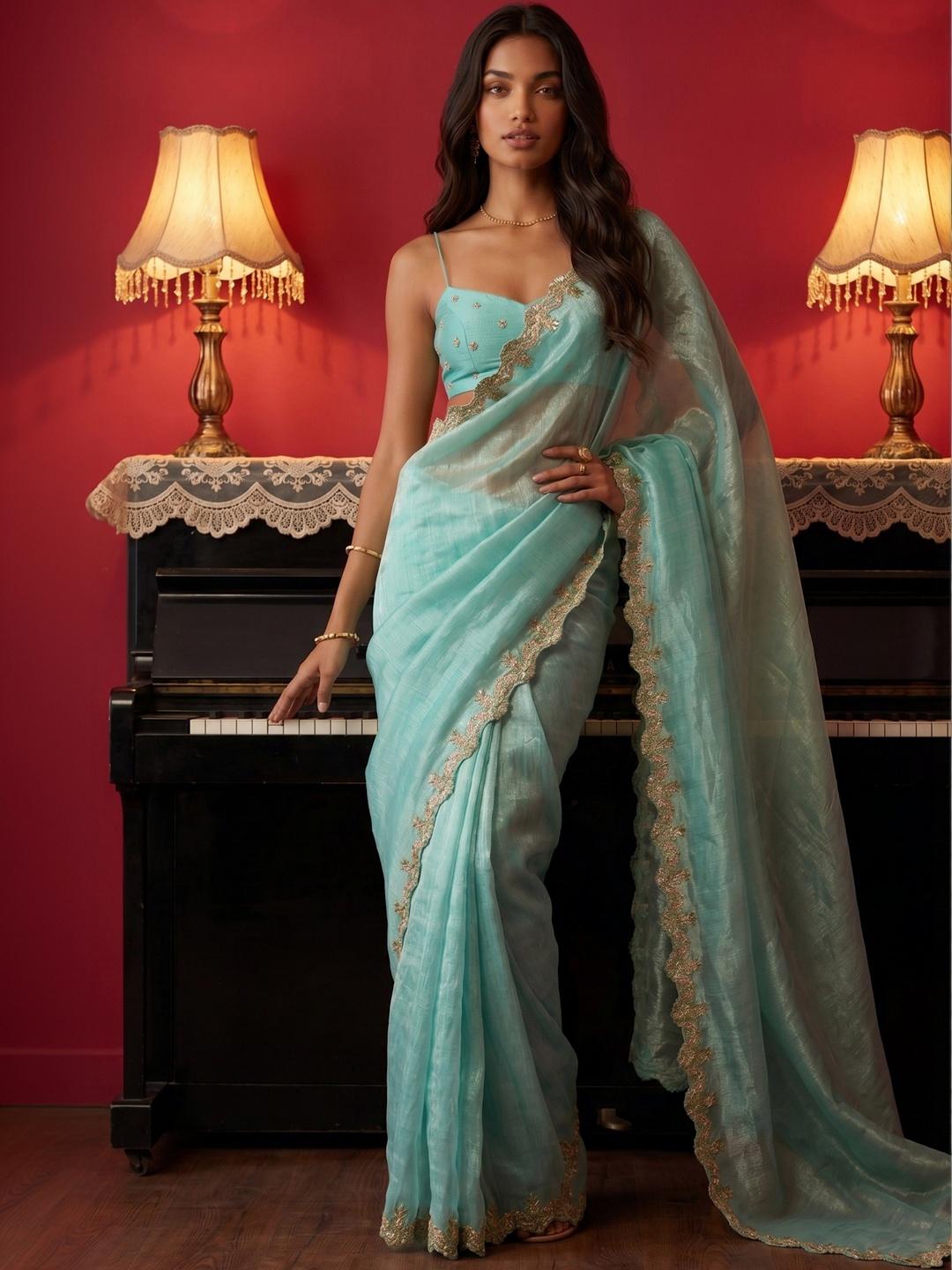 Buy DRIP CHOWK Embellished Embroidered Tissue Heavy Work Saree - Sarees ...