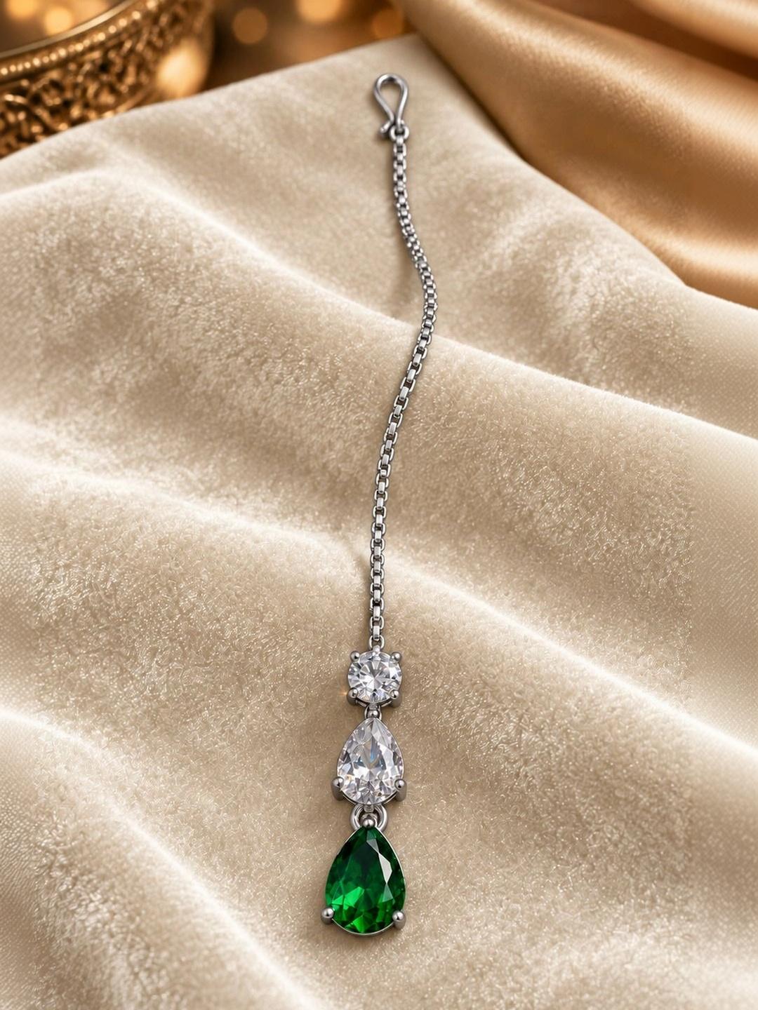 Buy JEWELOPIA Silver Plated American Diamond Studded Maang Tikka Head ...