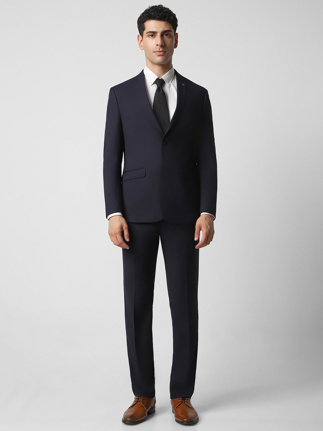 Buy Van Heusen Men Navy Blue Solid Slim Fit Single Breasted Two Piece ...