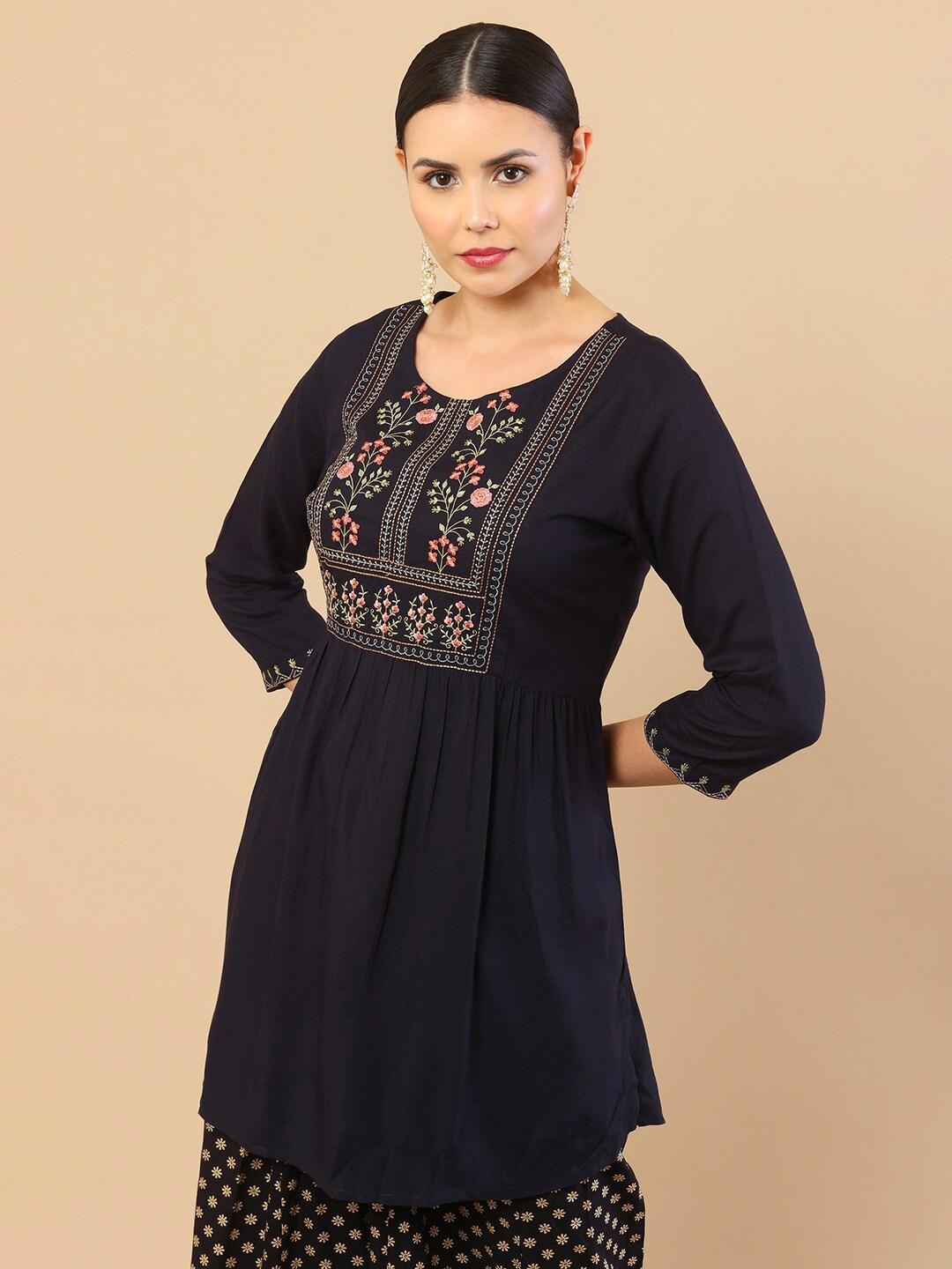 Buy Soch Navy Women Blue & Pink Viscose Rayon Embroidered Tunic ...
