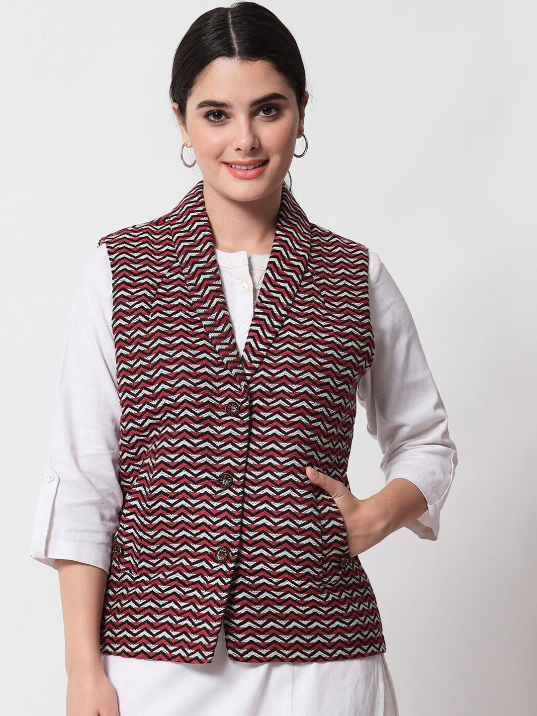 Buy Vastraa Fusion Women Red & Black Woven Design Pure Wool Nehru ...