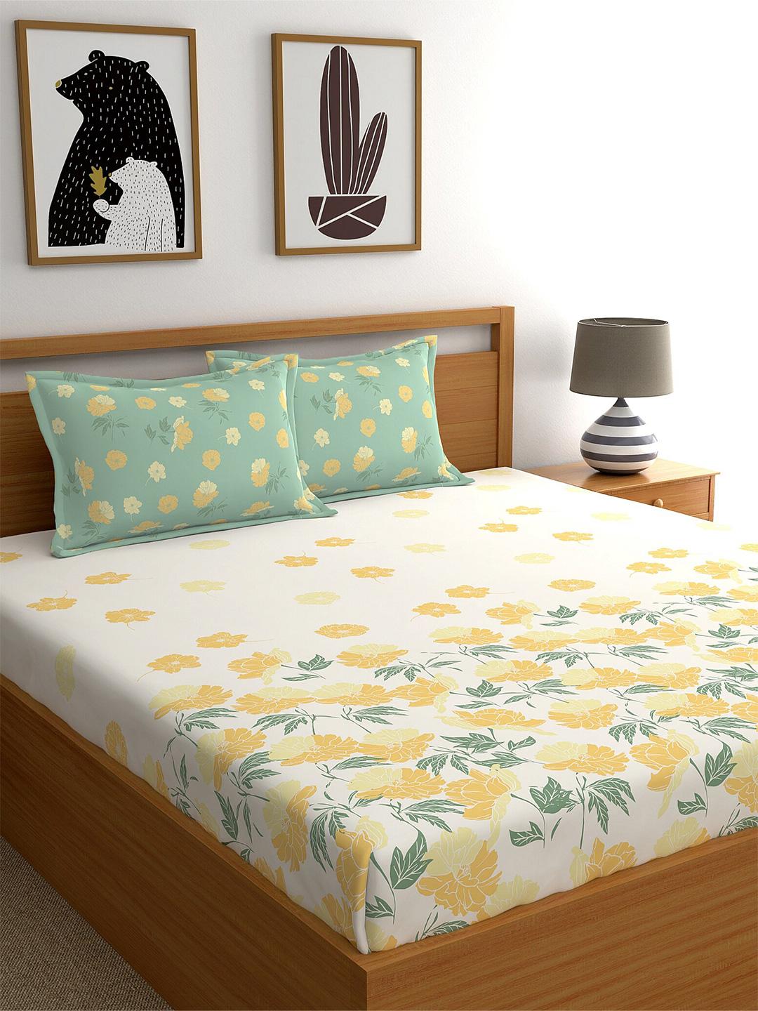 Buy Dreamscape White Floral Pure Cotton 140 TC Queen Bedsheet With 2 ...