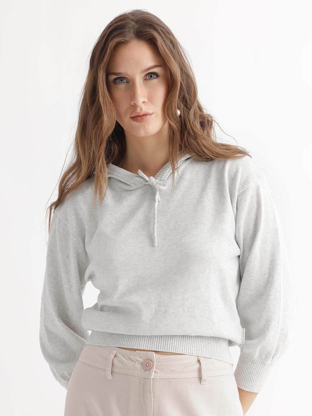 Buy RAREISM Women Off White Solid Cotton Hooded Pullover - Sweaters for ...