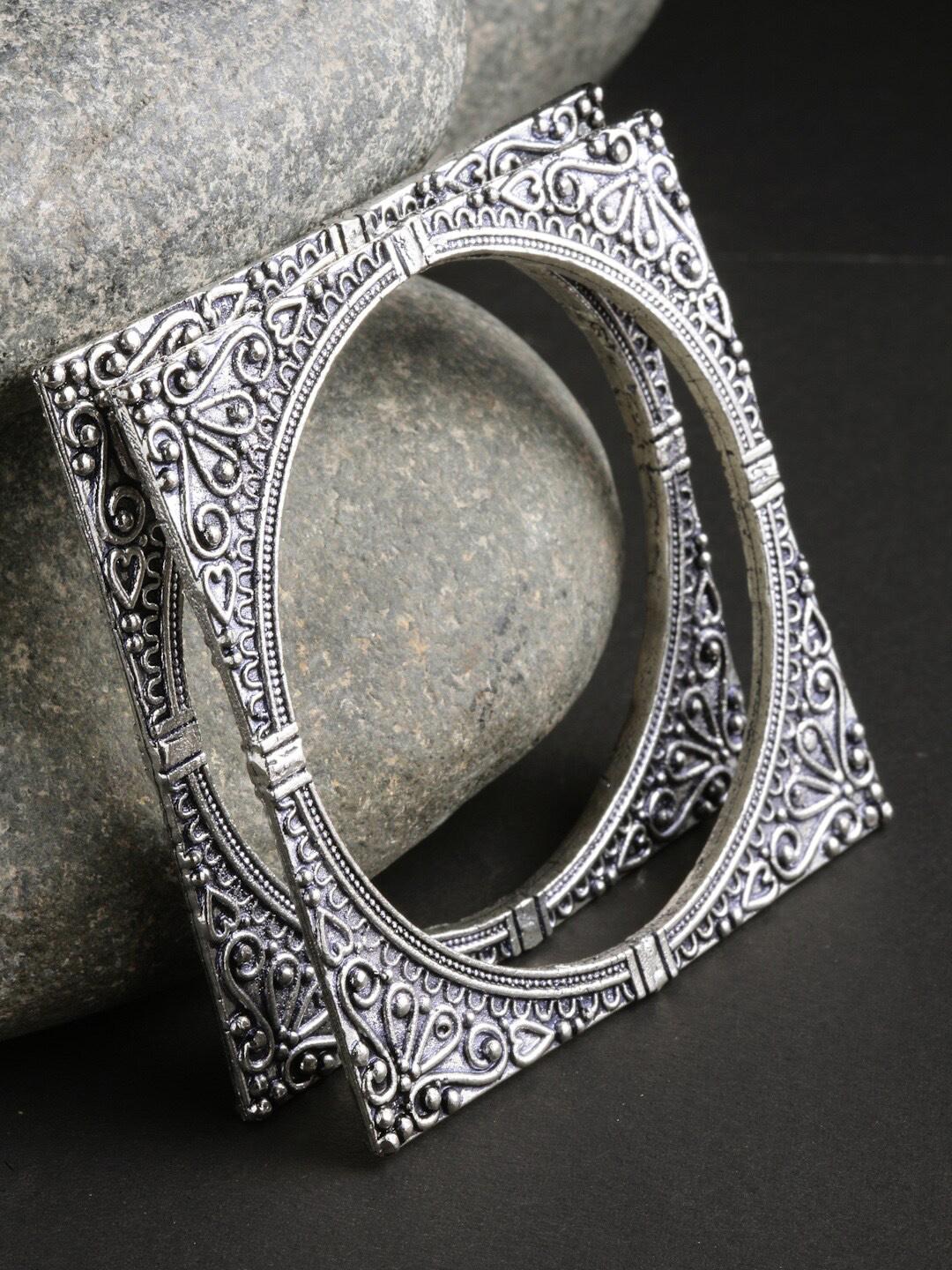 Buy PANASH Set Of 2 Oxidized Silver Toned Square Shaped Bangles ...