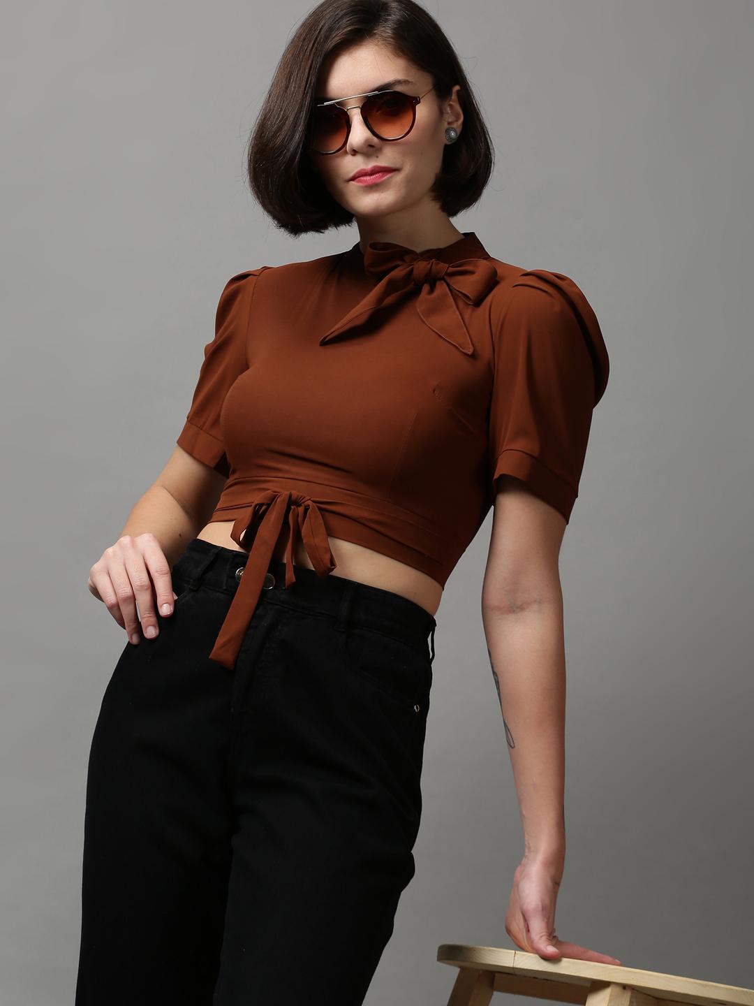 Buy SHOWOFF Brown Crepe Crop Top - Tops for Women 20317508 | Myntra
