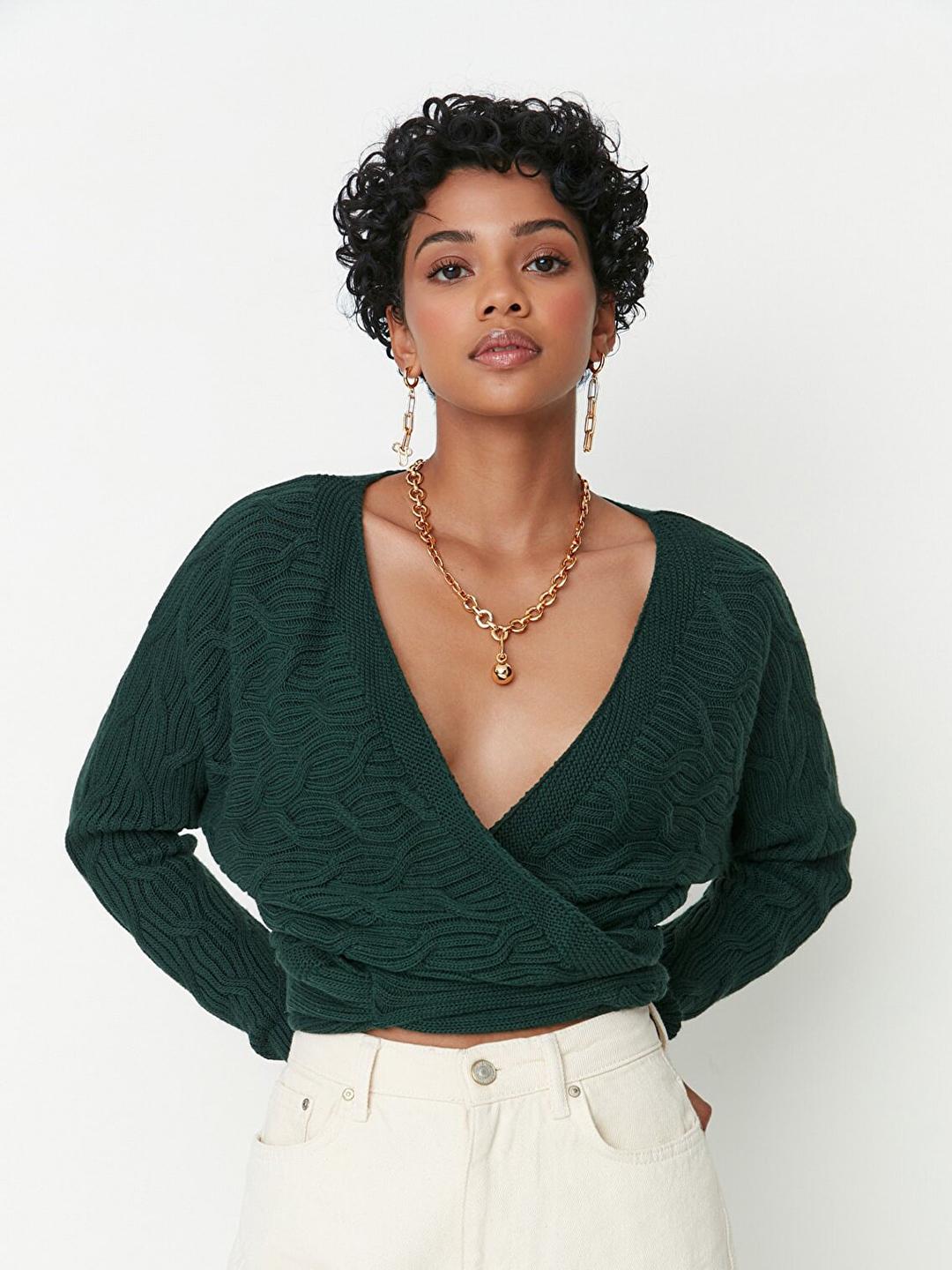 Buy Trendyol Green Extended Sleeves Wrap Crop Top - Tops for Women ...