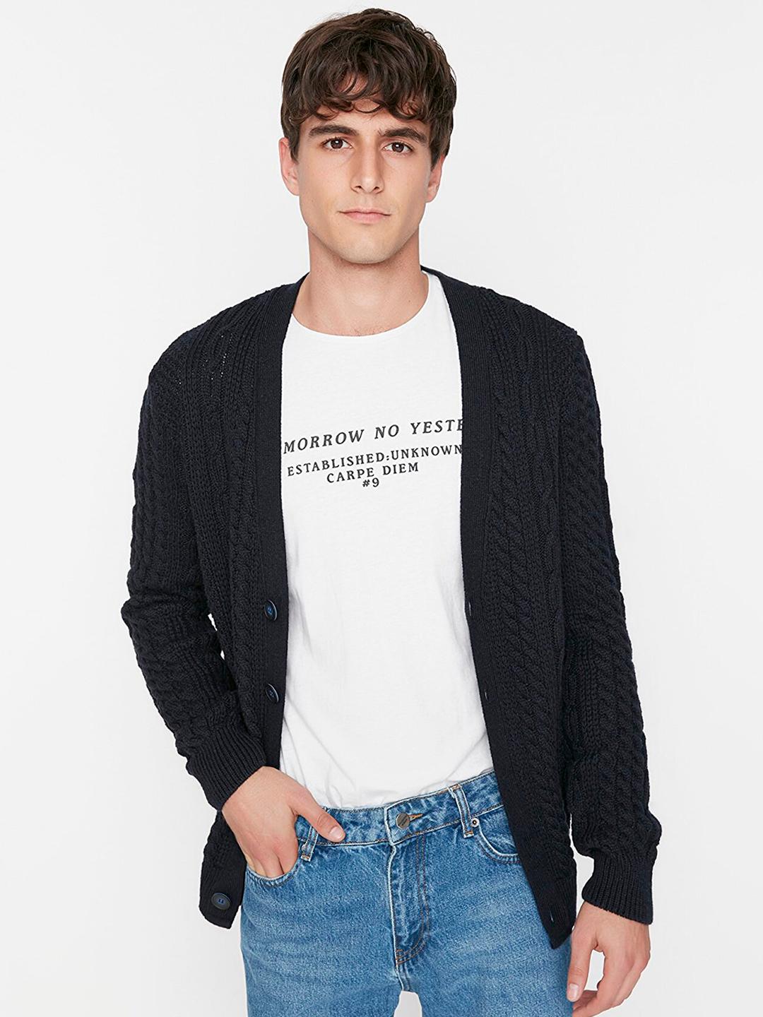 Buy Trendyol Men Navy Blue Acrylic Tailored Jacket With Patchwork ...