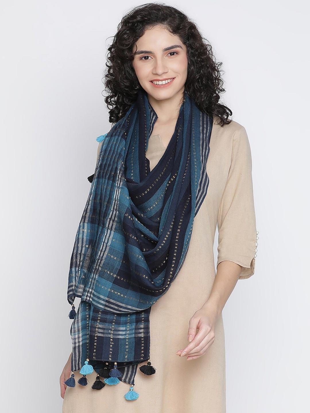 Buy SHINGORA Women Blue & Gold Toned Striped Stole - Stoles for Women ...